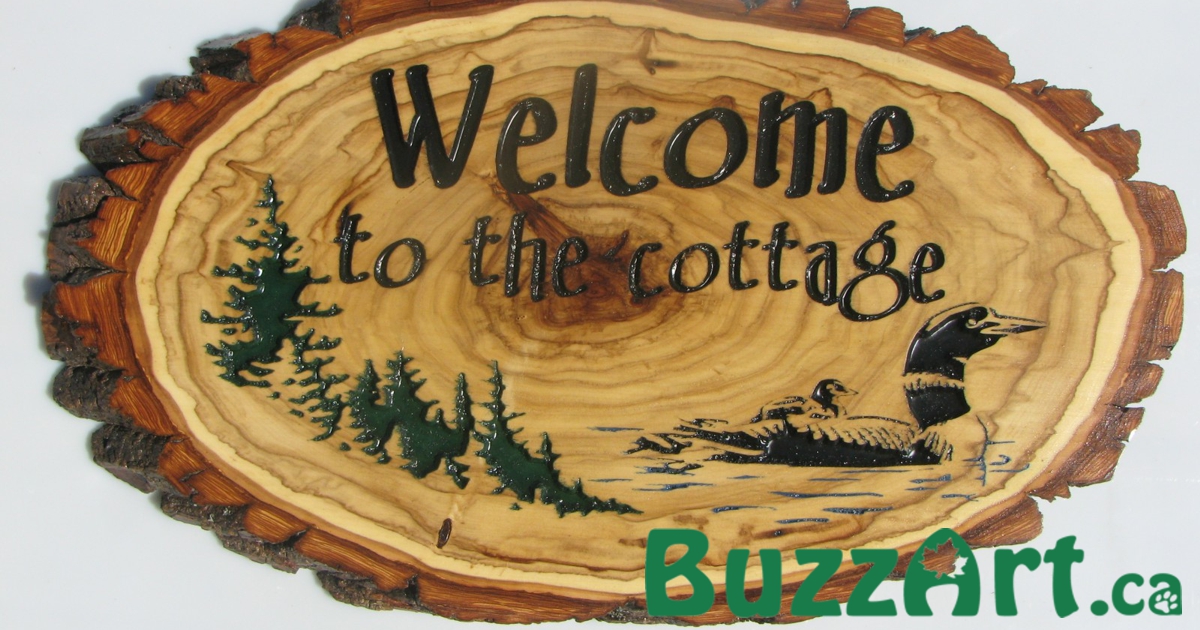 Signs made from wood logs slices, using CNC routers and lasers - Buzz Art