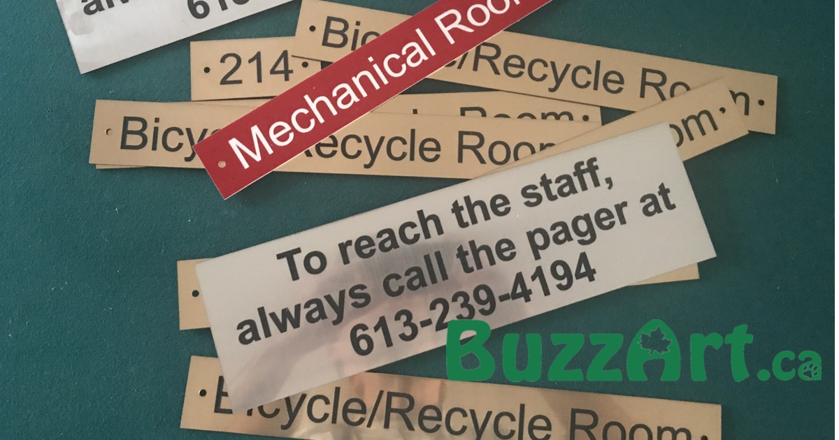 Plastic Lamacoid signs labels engraved with a laser - Buzz Art